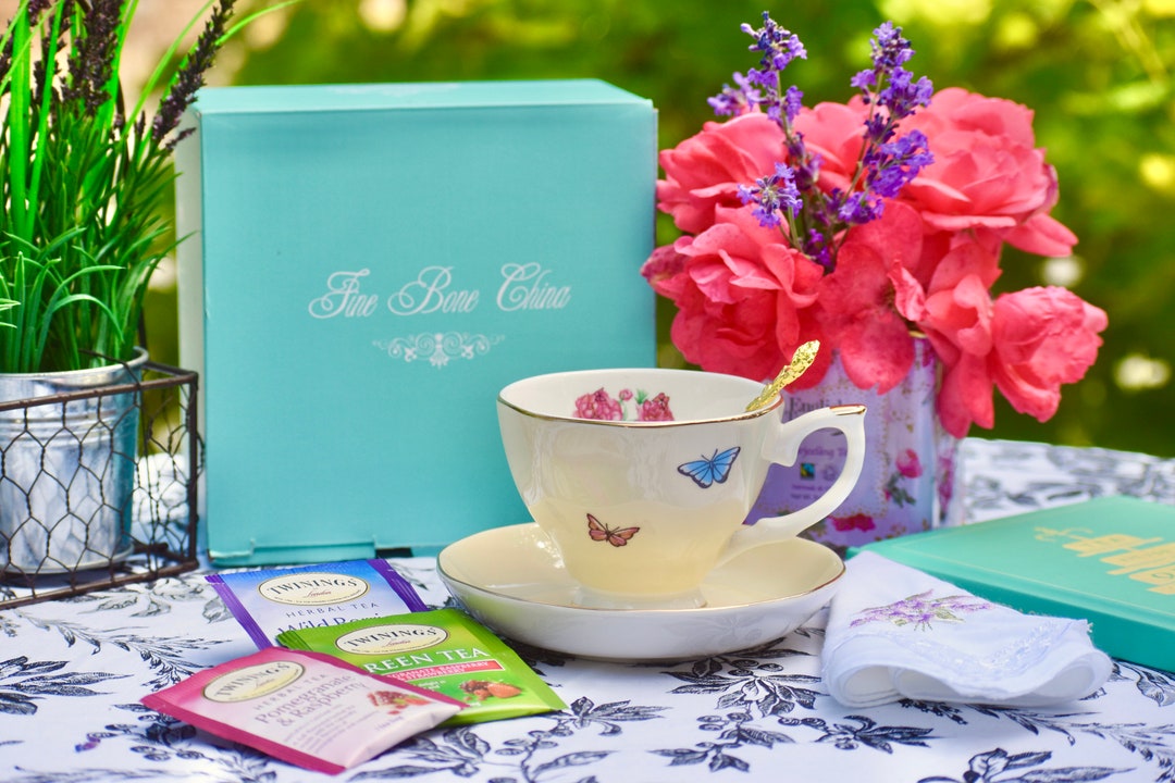 Tea Cup and Saucer With Spoon Embroidered Napkin Tea Packet, Gift Box ...