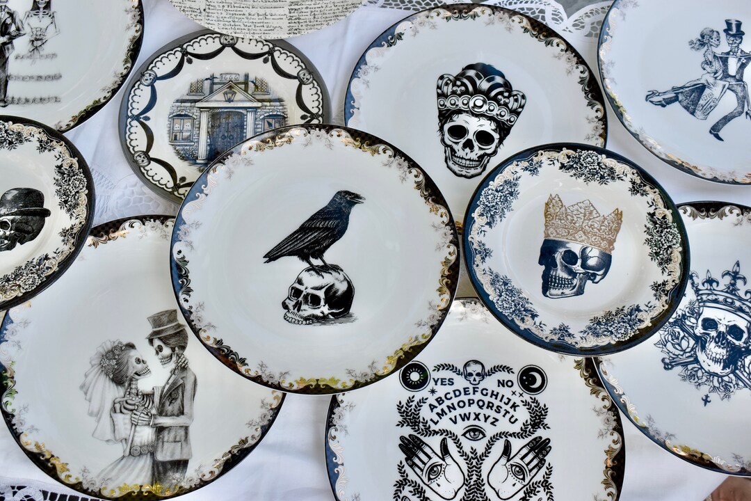 Skull Plates Mismatched China Porcelain Dishes. Skeleton Skulls Goth ...