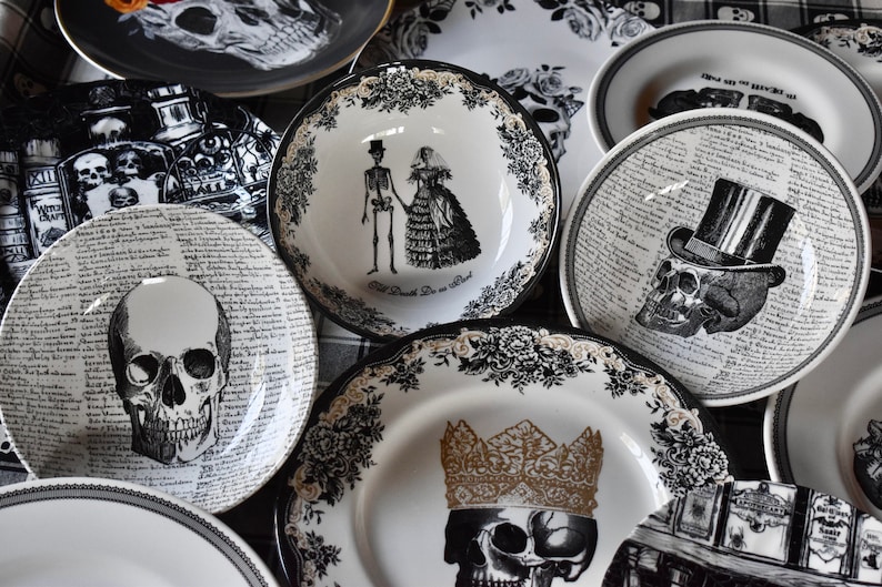 Skull Bowls Mismatched China Porcelain Plates. Skeletons Goth Holiday ...