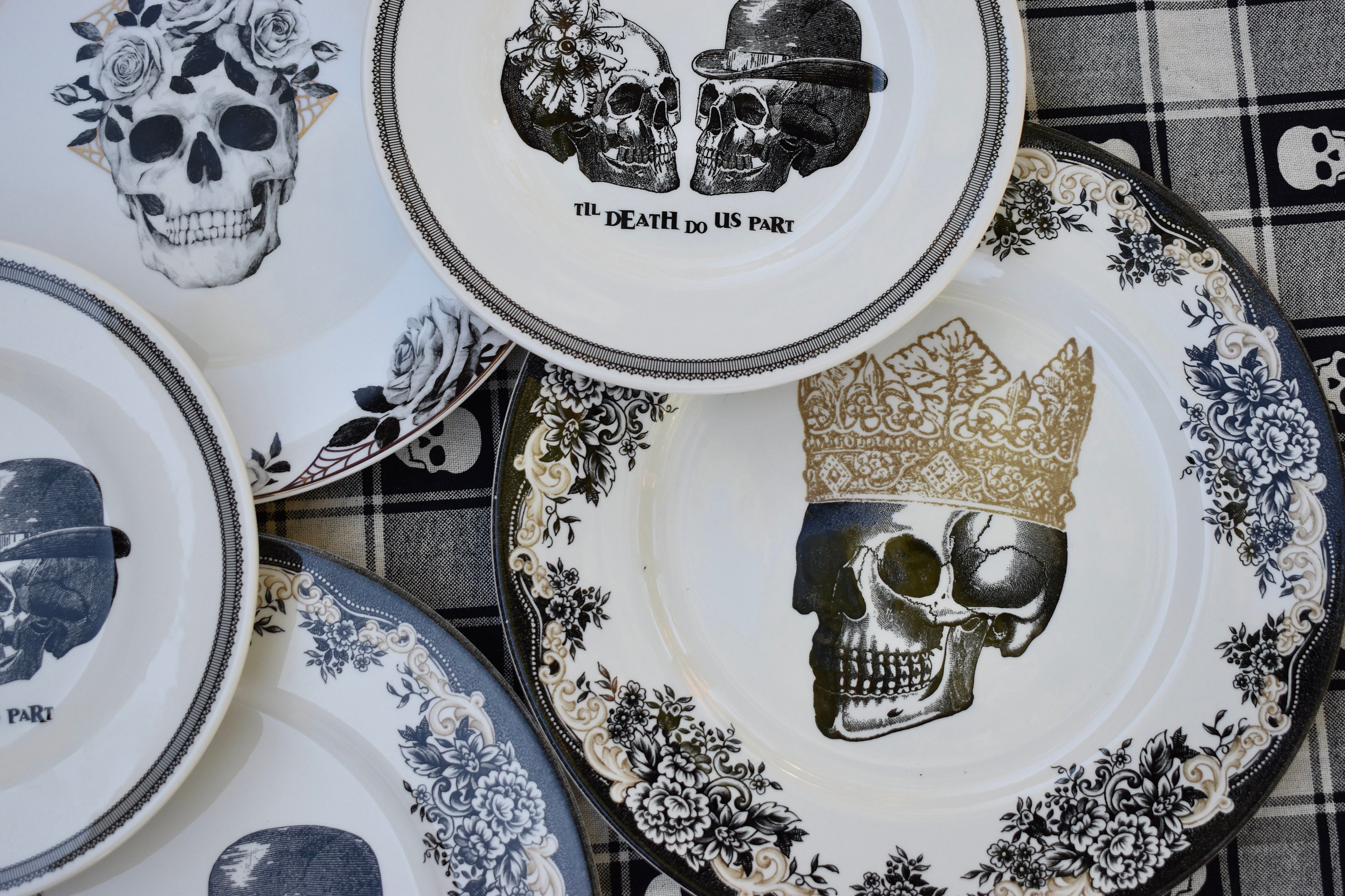 Skull Plates Mismatched China Porcelain Dishes. Holiday Skeleton Skulls ...