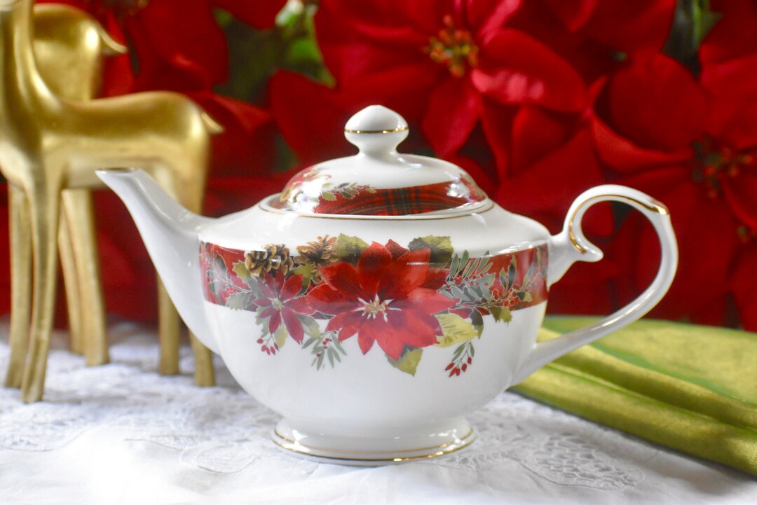 Teapot Christmas Holiday Red Poinsettia Flowers. 48oz Fine Bone China ...