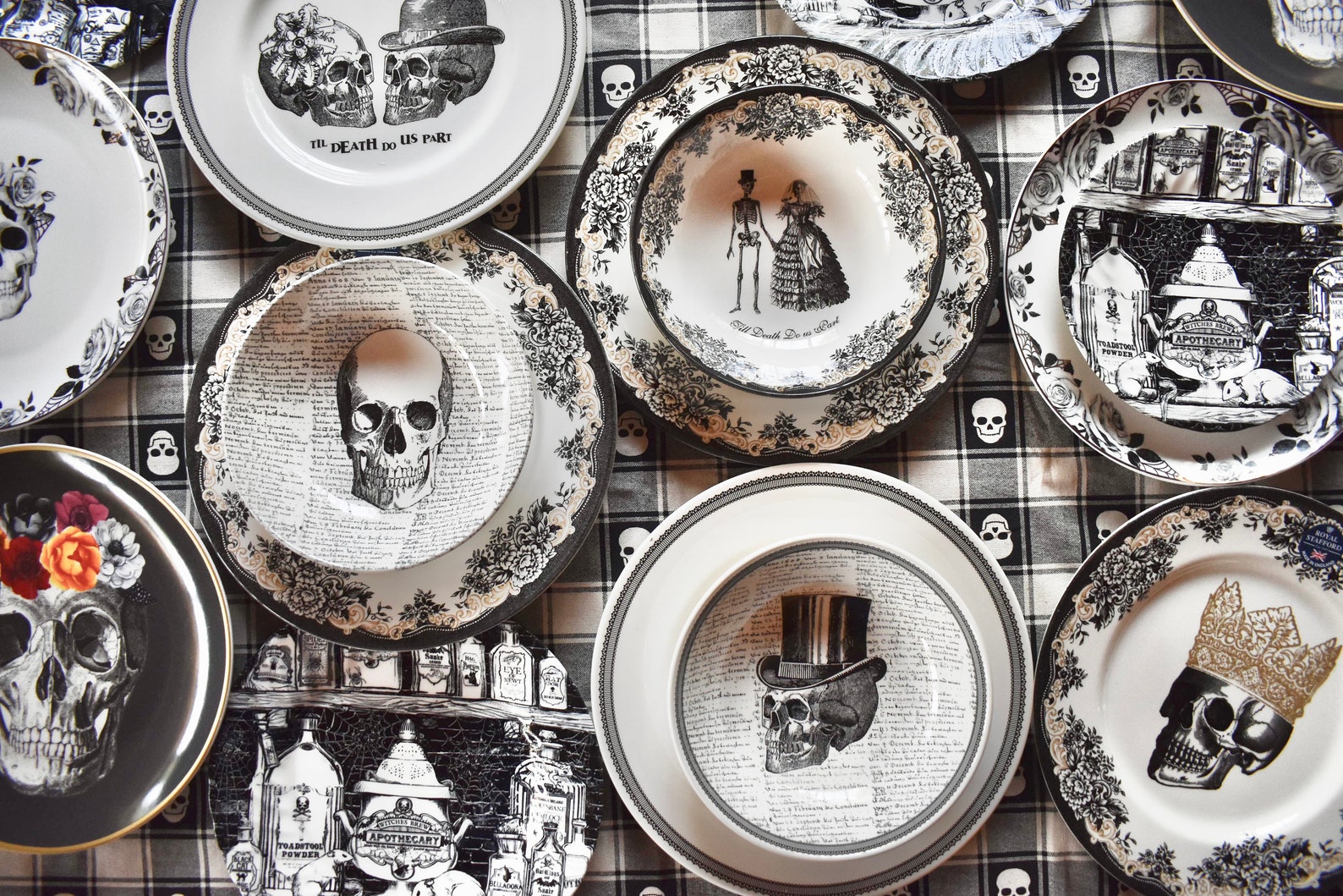 Skull Bowls Mismatched China Porcelain Plates. Skeletons Goth Holiday ...