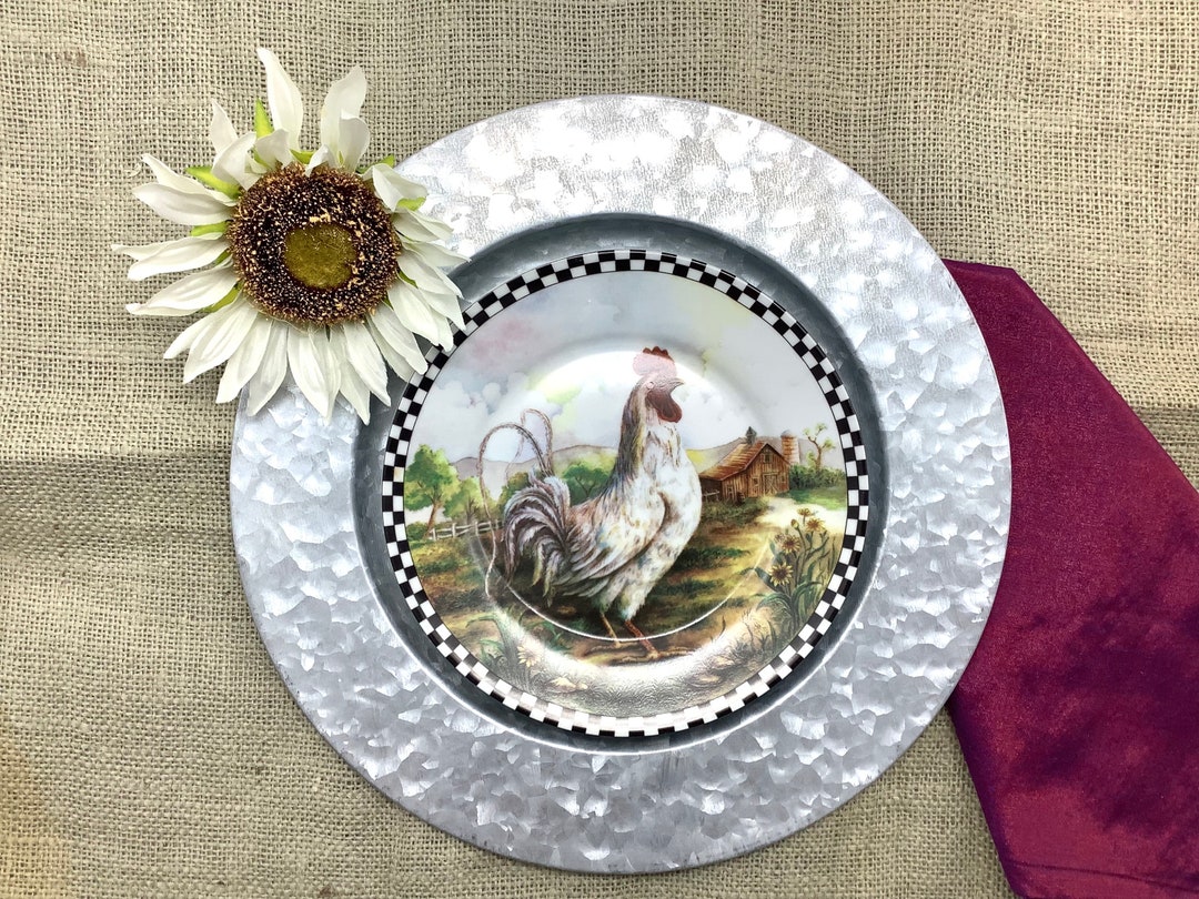 Rooster Plate White Leghorm Rooster on Checkered Porcelain Plate ...