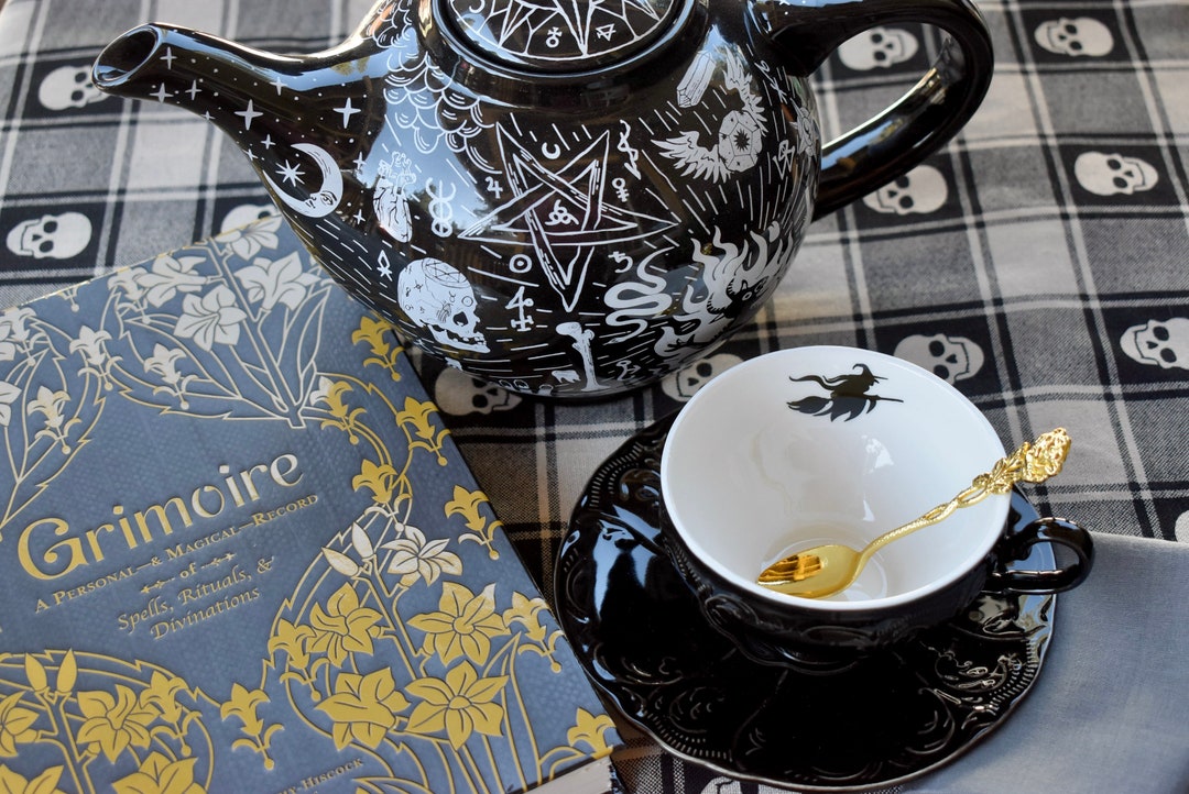 Flying Witch Victorian Goth Tea Cup and Saucer Black Embossed Porcelain ...