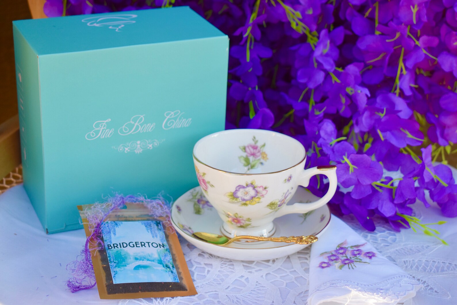 Bridgerton Tea Cup and Saucer With Spoon Embroidered Napkin Tea Pack ...