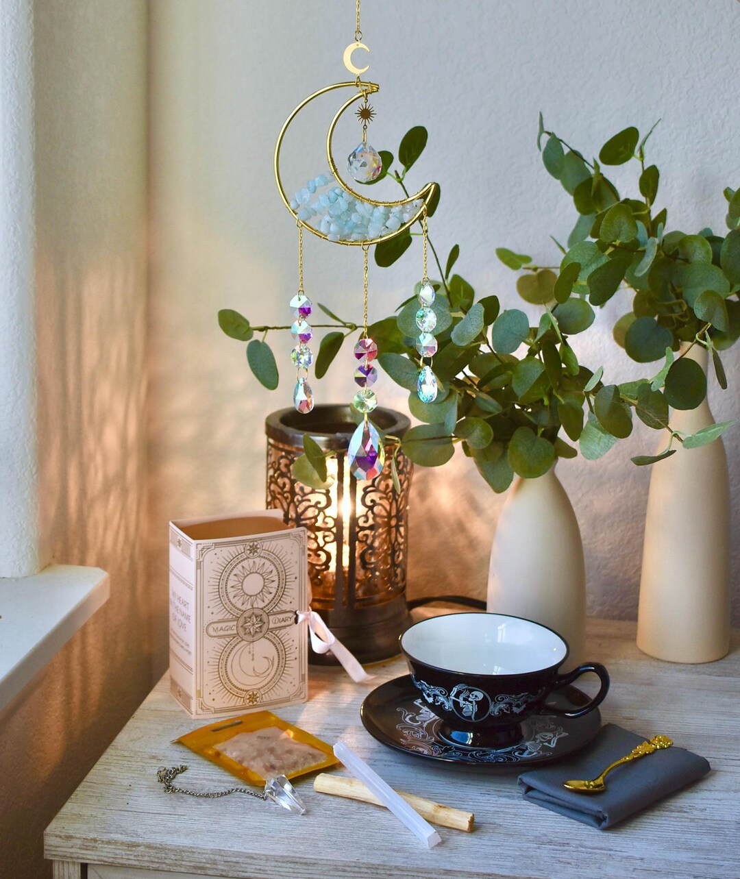 Crystal Moon Clear Quartz Suncatcher, Palo Santo, Selenite, Pendulum ...
