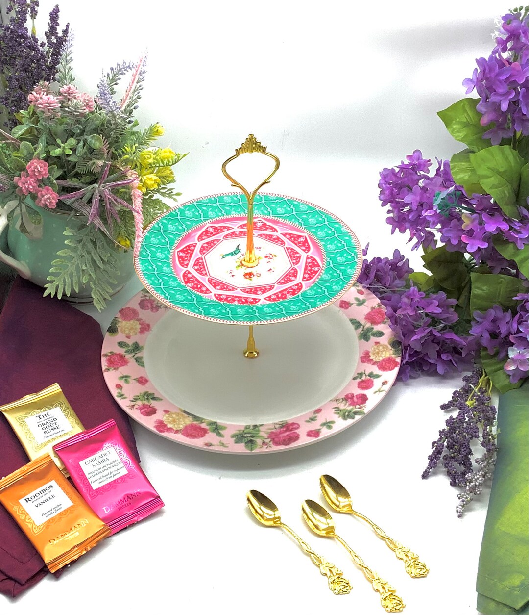 Cake Stand Crown Royal Teal and Pink Roses Mismatched Plates. Platter ...