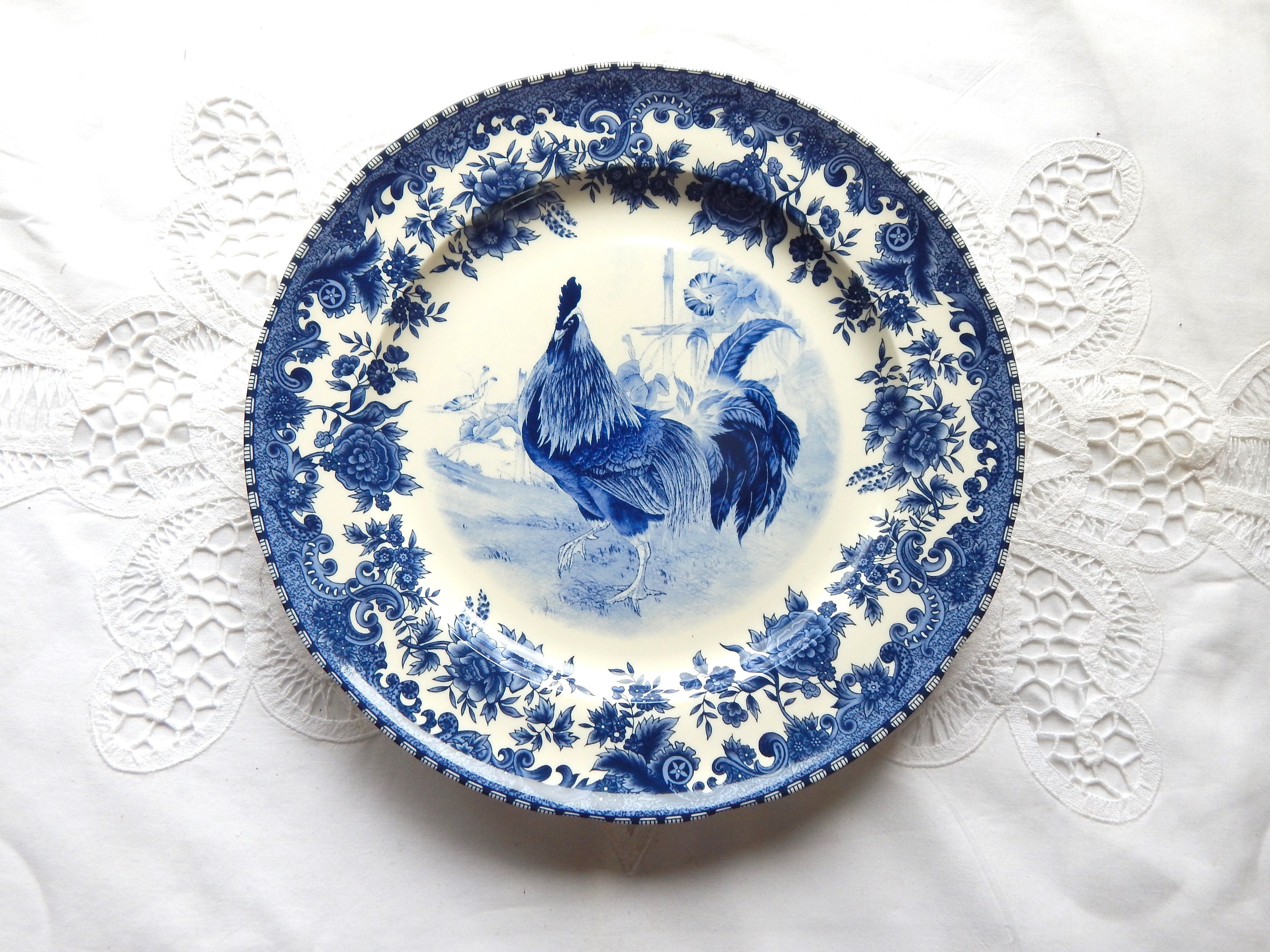Blue and White Luncheon Dinner Plate Fine Porcelain. Rooster - Etsy