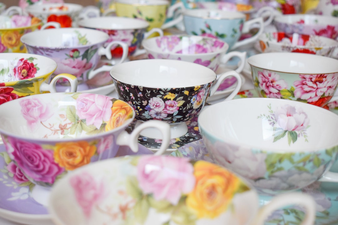 Mismatched Tea Cups and Saucers With Tea Spoon Tea Packet, Embroidered ...