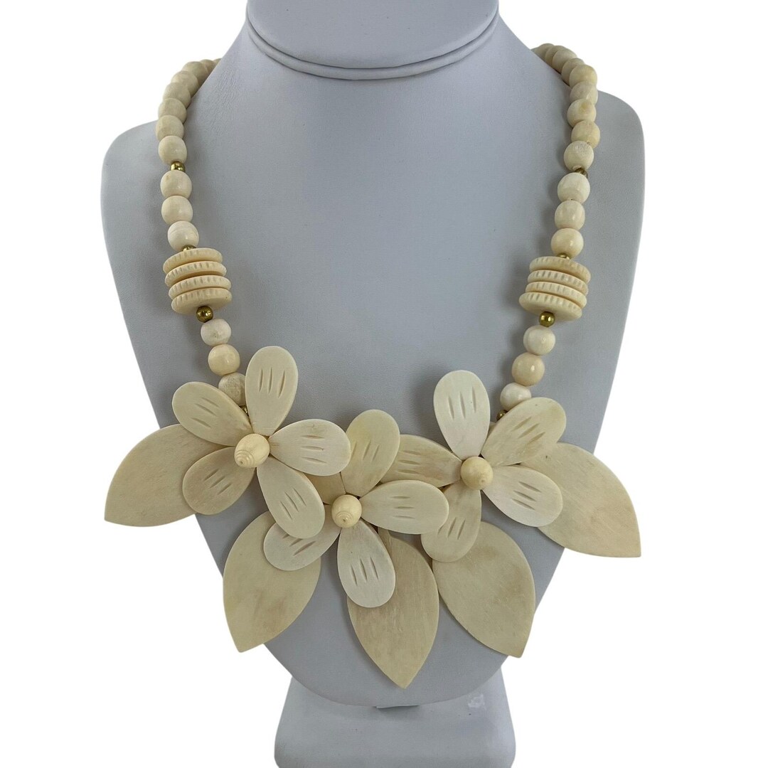 Vintage Bovine Bone Flower Bib Necklace With Beaded Strand and Brass ...