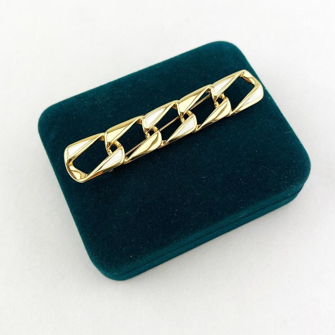 Vintage Monet Gold Tone Cream Enamel Curb Chain Style Bar Brooch 1980s ...