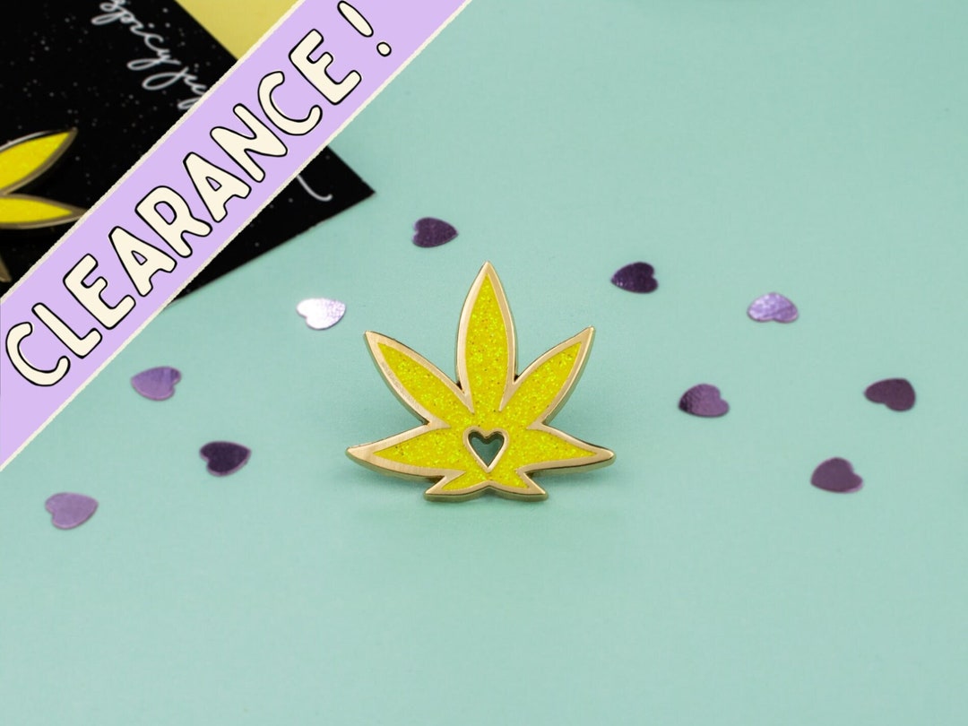 Yellow Pot Leaf Pin, Girly Weed Pin, Glitter Enamel Brooch, Heart Cut ...