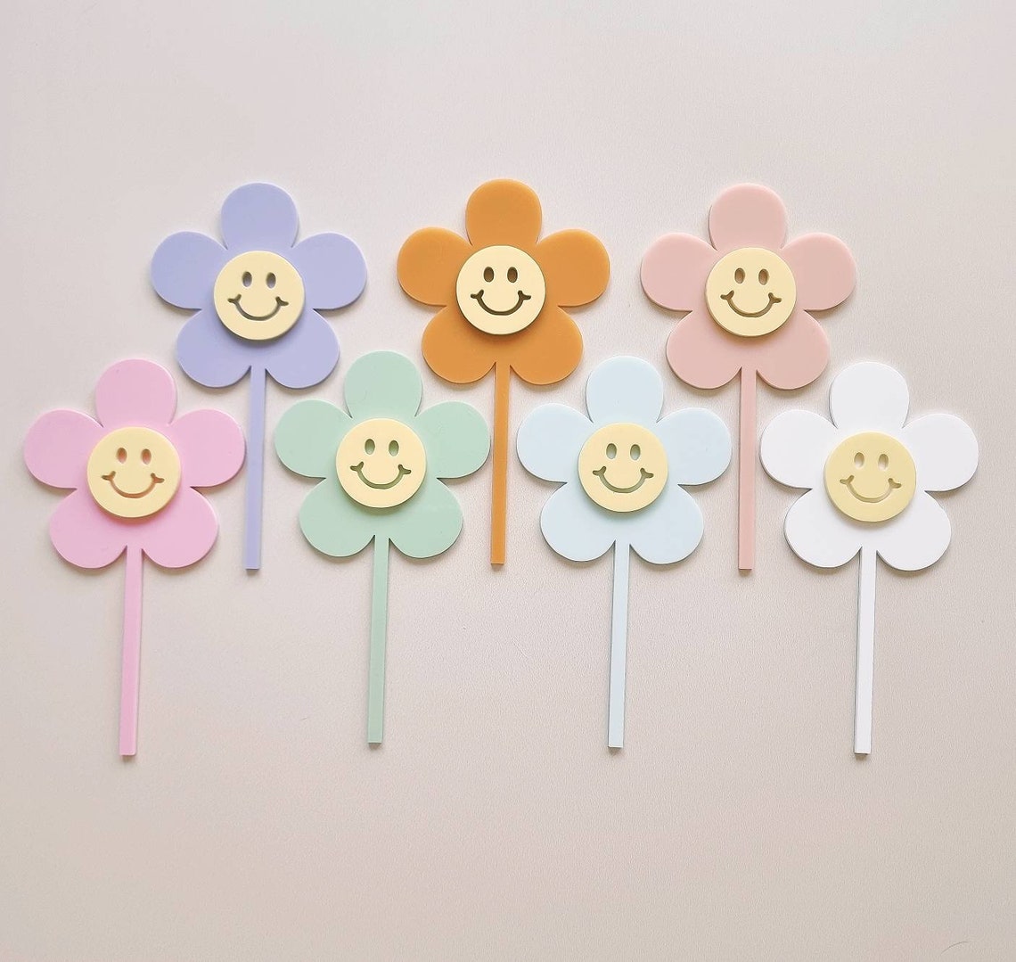 Acrylic Smiley Face Happy Daisy Laser Cut Cake/cupcake Topper - Etsy