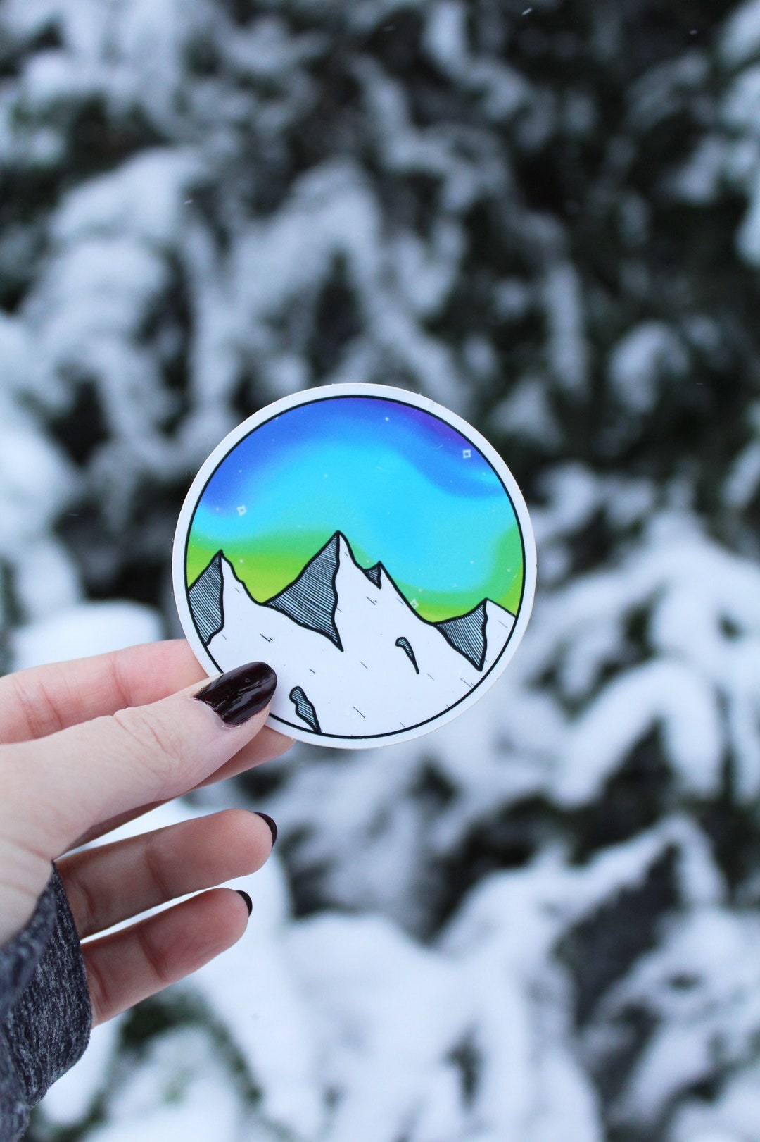 Northern Lights Snowy Mountain Vinyl Sticker | Aurora Borealis Sticker ...