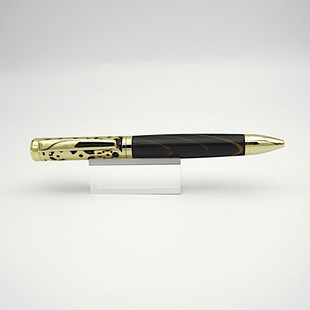 Filigree Ink Pen in 24K Gold Over Black Enamel With Wood Color Grain - Etsy