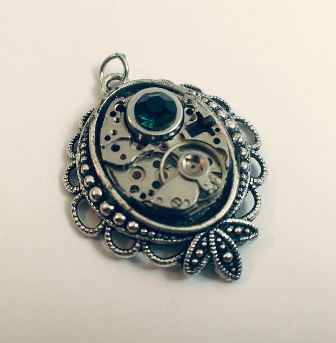 Steampunk Watch Movement Pendant: Green Stone Victorian Necklace - Etsy
