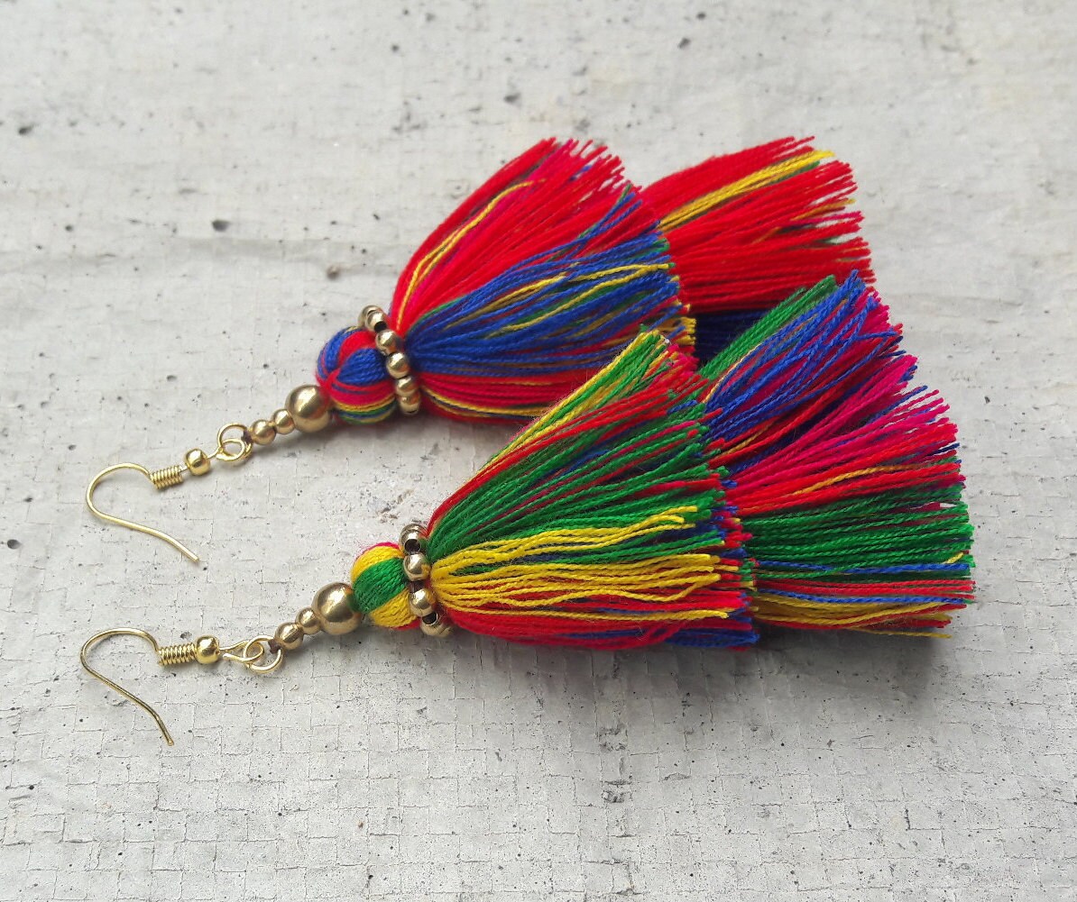 Two layered tassels earringsHand made earrings multi-colored | Etsy