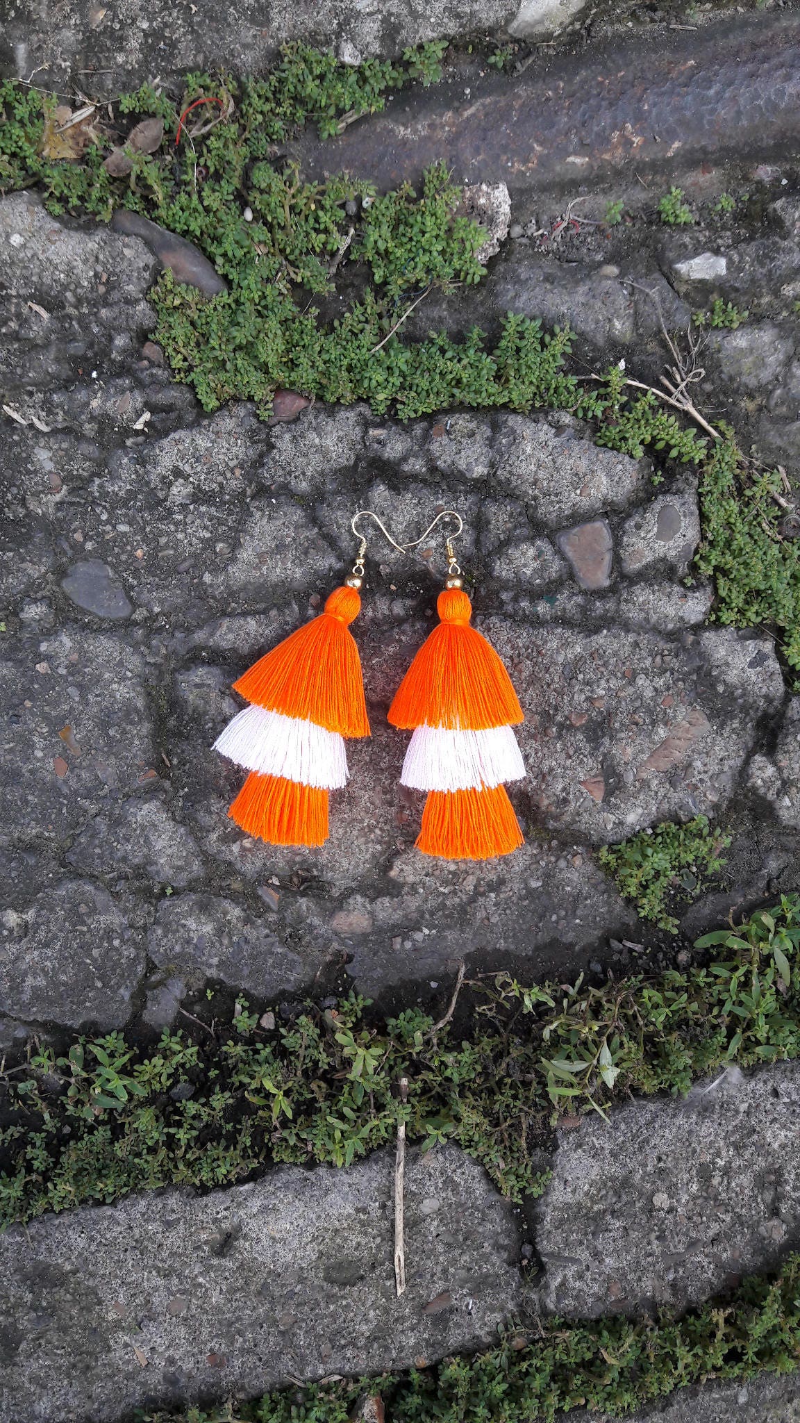 3 Layered Orange & White Tassel EarringsHand made | Etsy