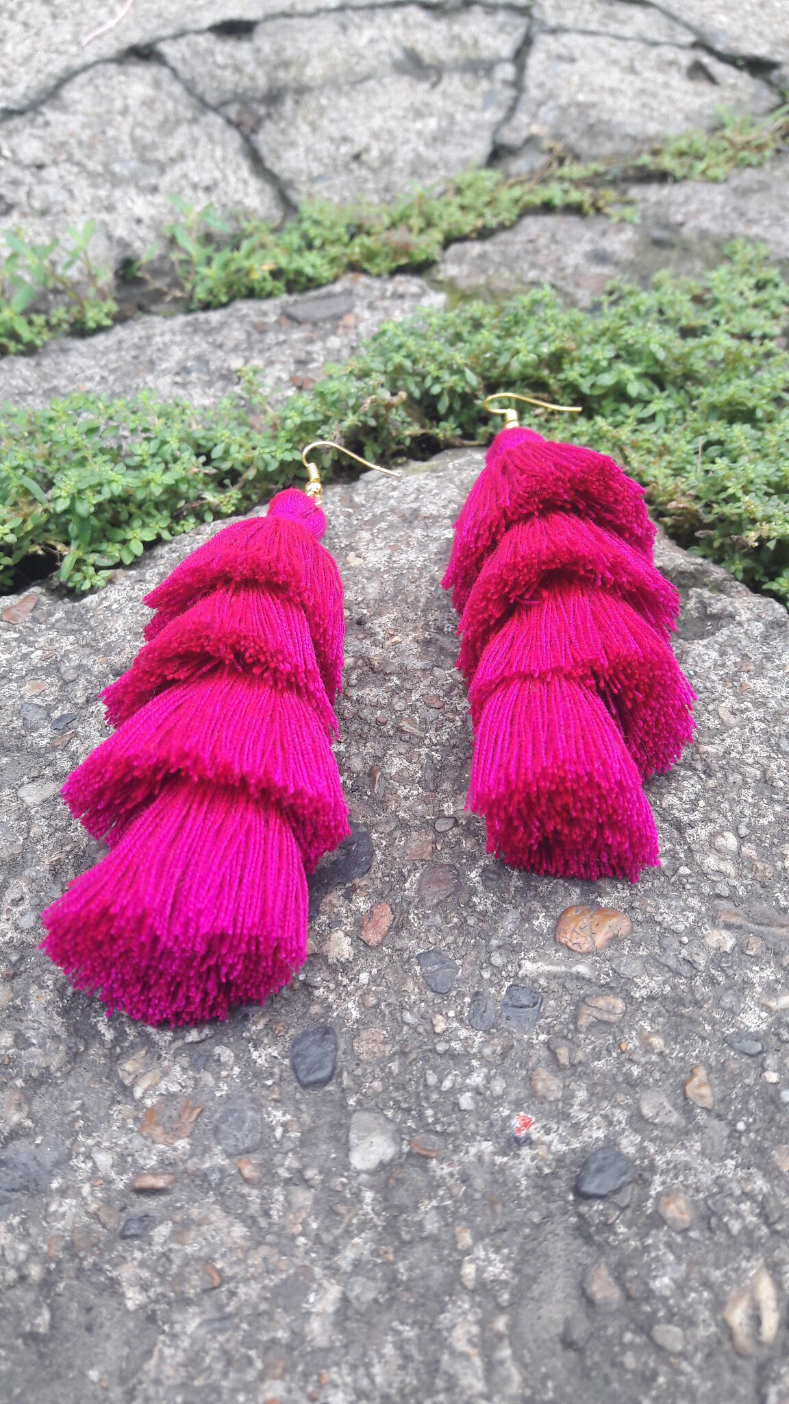Magenta colorFour layered pink earringsPink tasselPink | Etsy