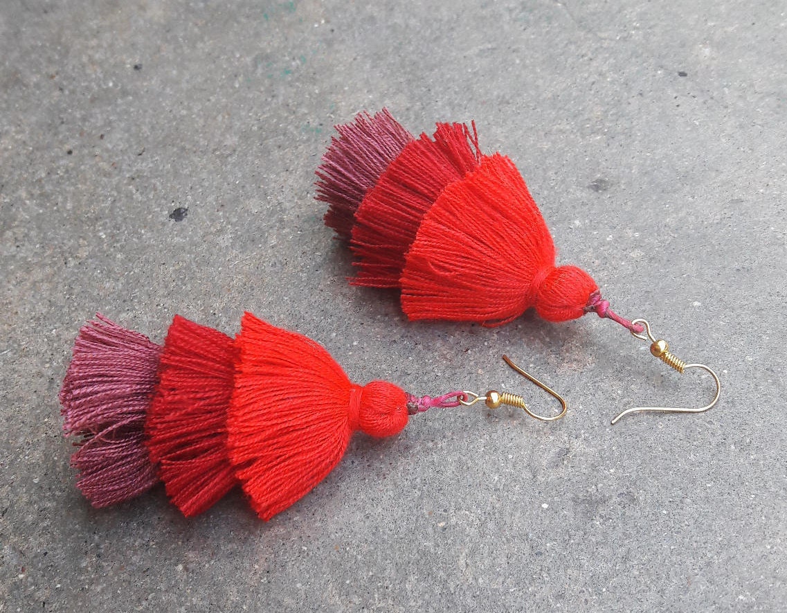 Red Hot Mini Tassel Earringshippie Earringshand Made | Etsy