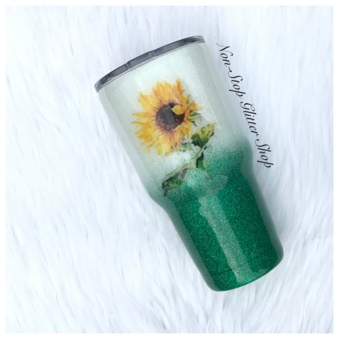 Sunflower Glitter Yeti Tumbler, Green, White Glittered Cup ...