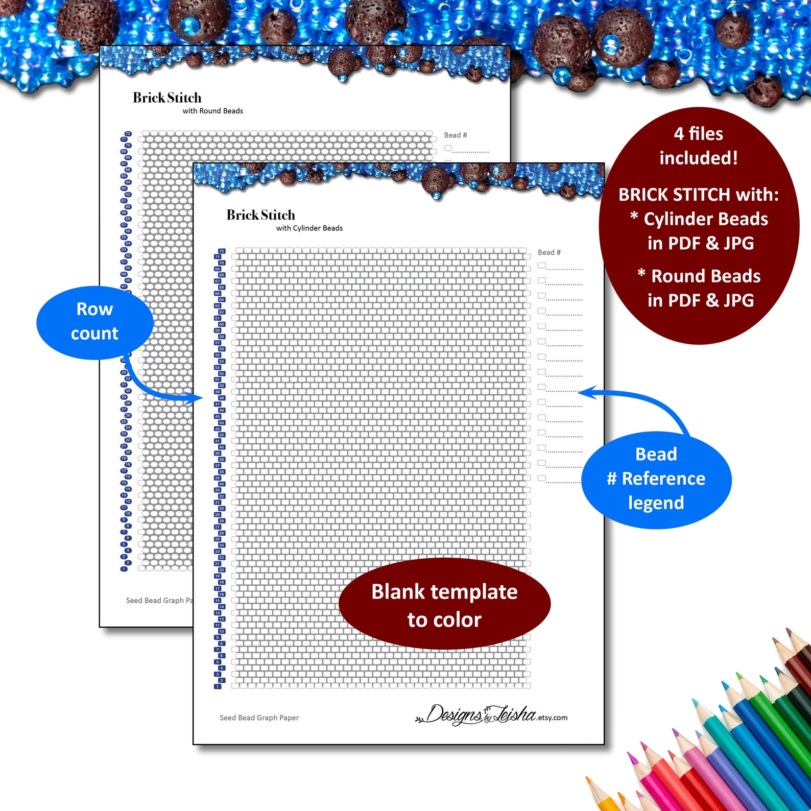 Brick Stitch Seed Bead Graph Paper - Use With Round Beads or Cylinder ...