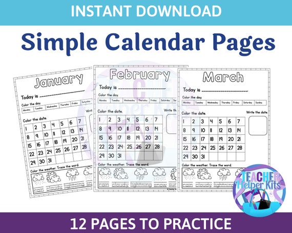 12 Preschool Kindergarten Calendar Worksheet Pages Month - Etsy