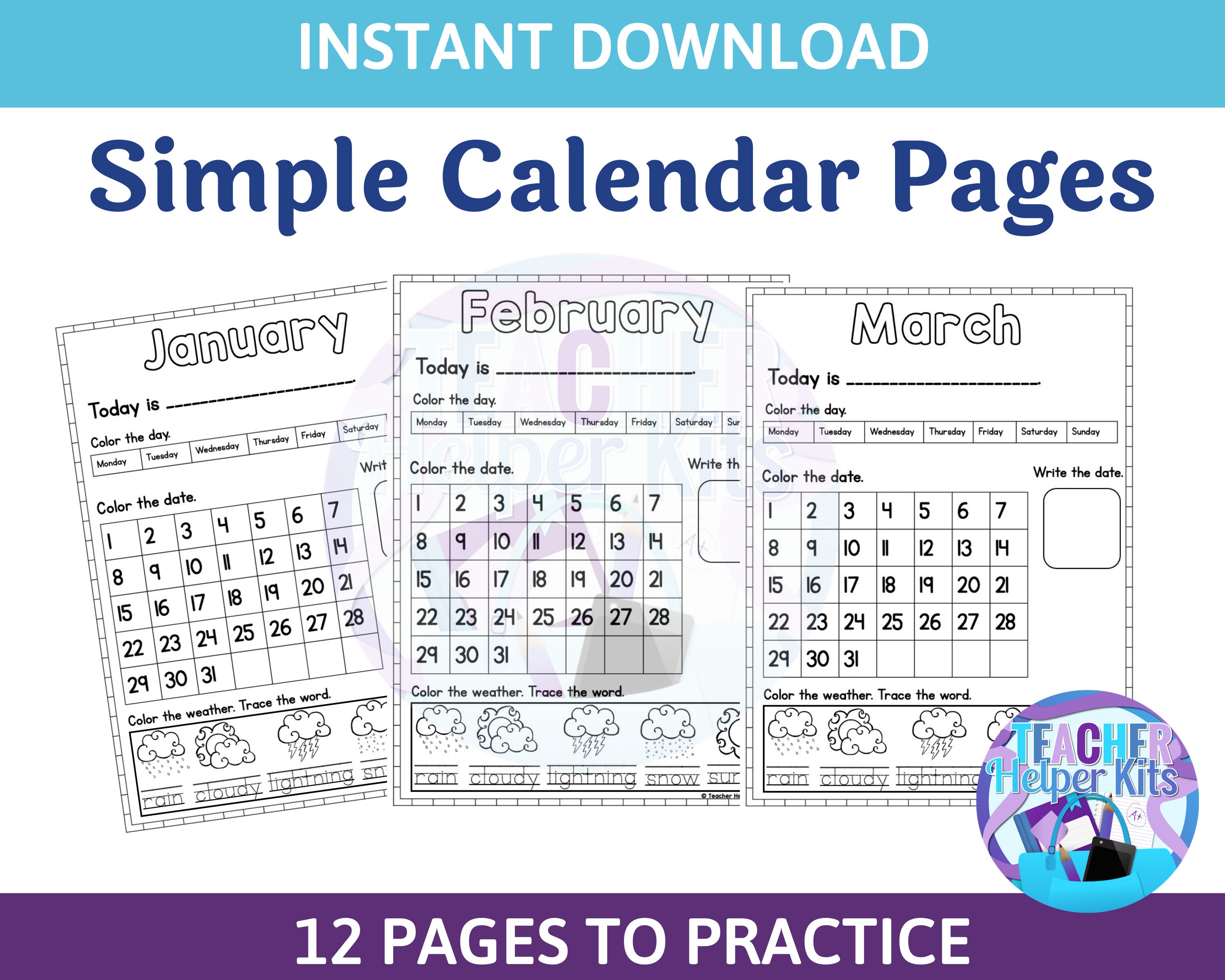 12 Preschool, Kindergarten Calendar Worksheet Pages, Month, Day, Date ...