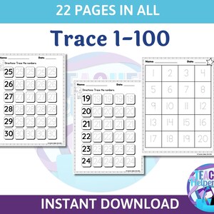22 Number Tracing Worksheets 1-100-preschool Curriculum- Kindergarten ...