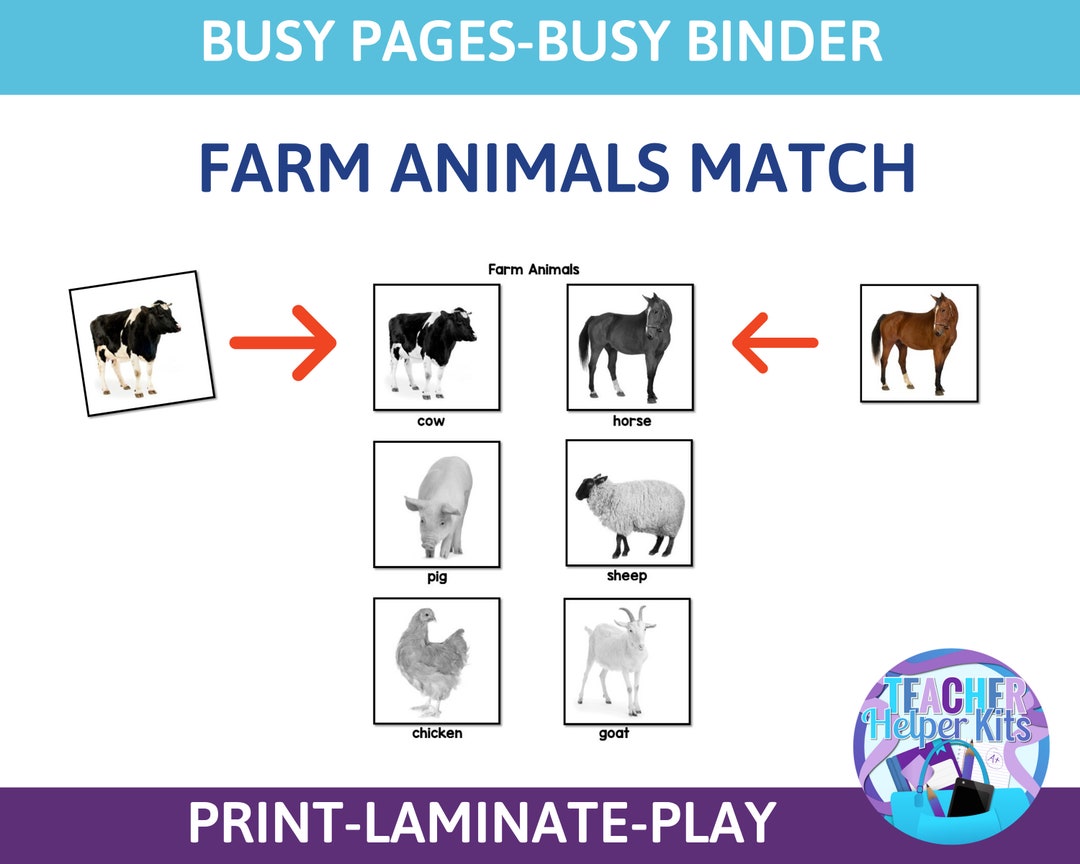Match the Farm Animals Worksheet, Animal Matching Game, Educational ...