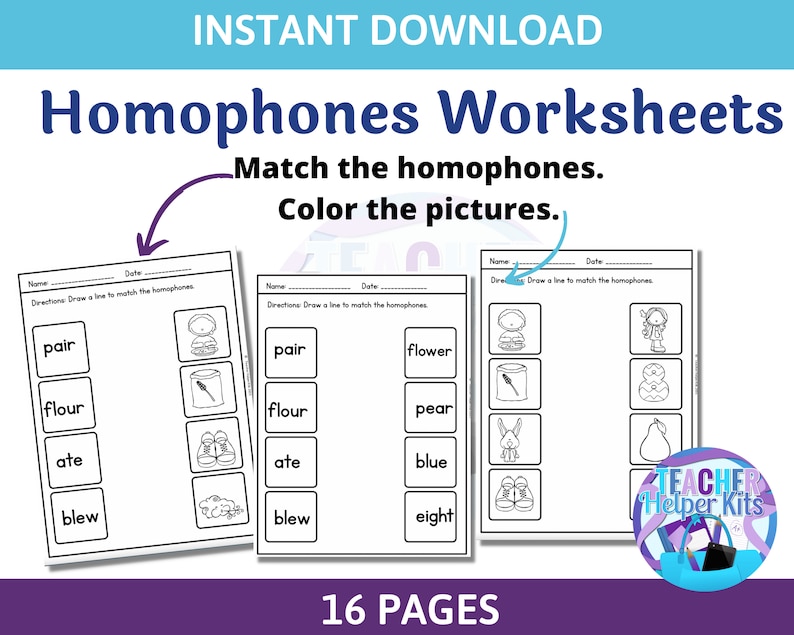 16 Homophone Worksheets/ 1st Grade 2nd Grade ELA Worksheets/ Language ...