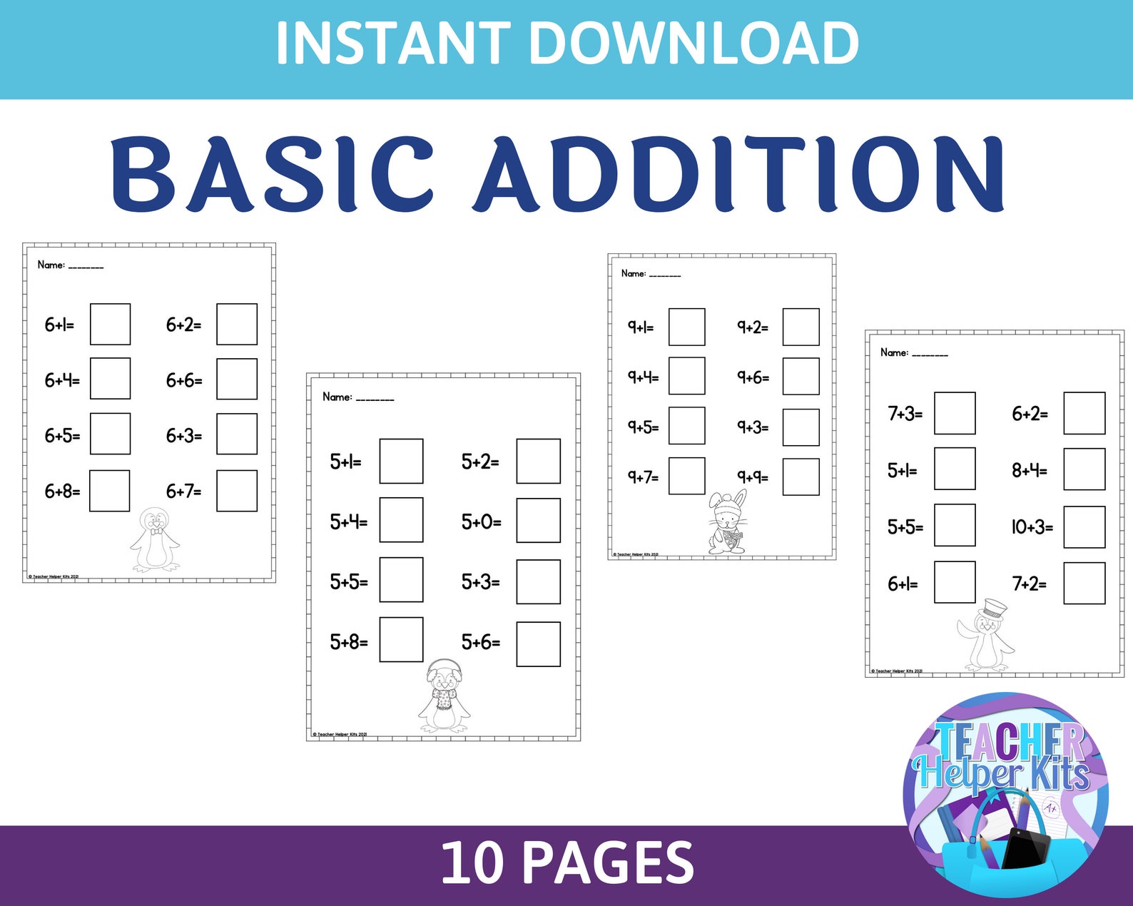 10 Basic Addition Worksheets, Numbers 1-10, First Grade Worksheet ...