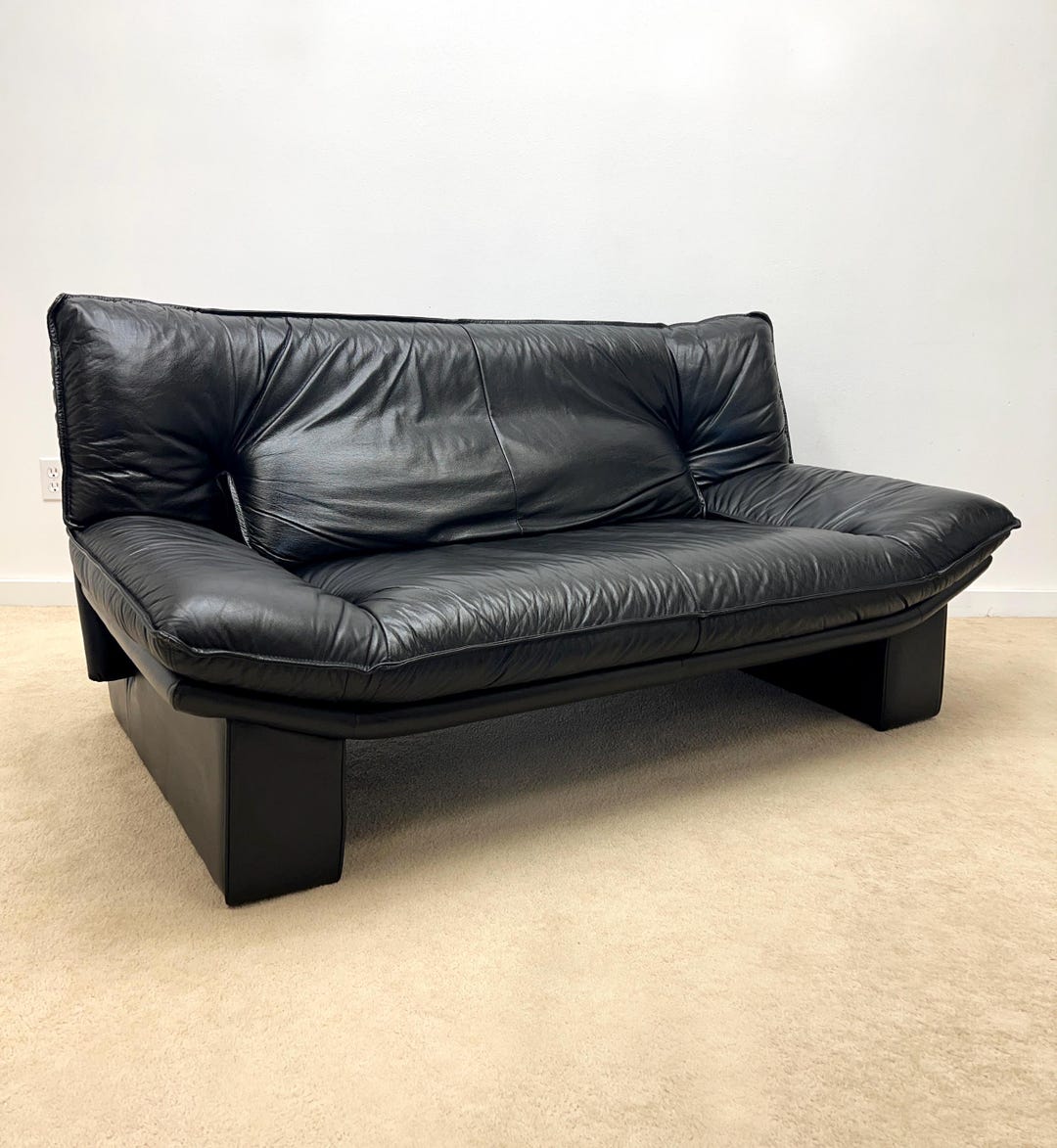 SOLD Vintage Italian Nicoletti Salotti Black Leather Loveseat Sofa Post ...