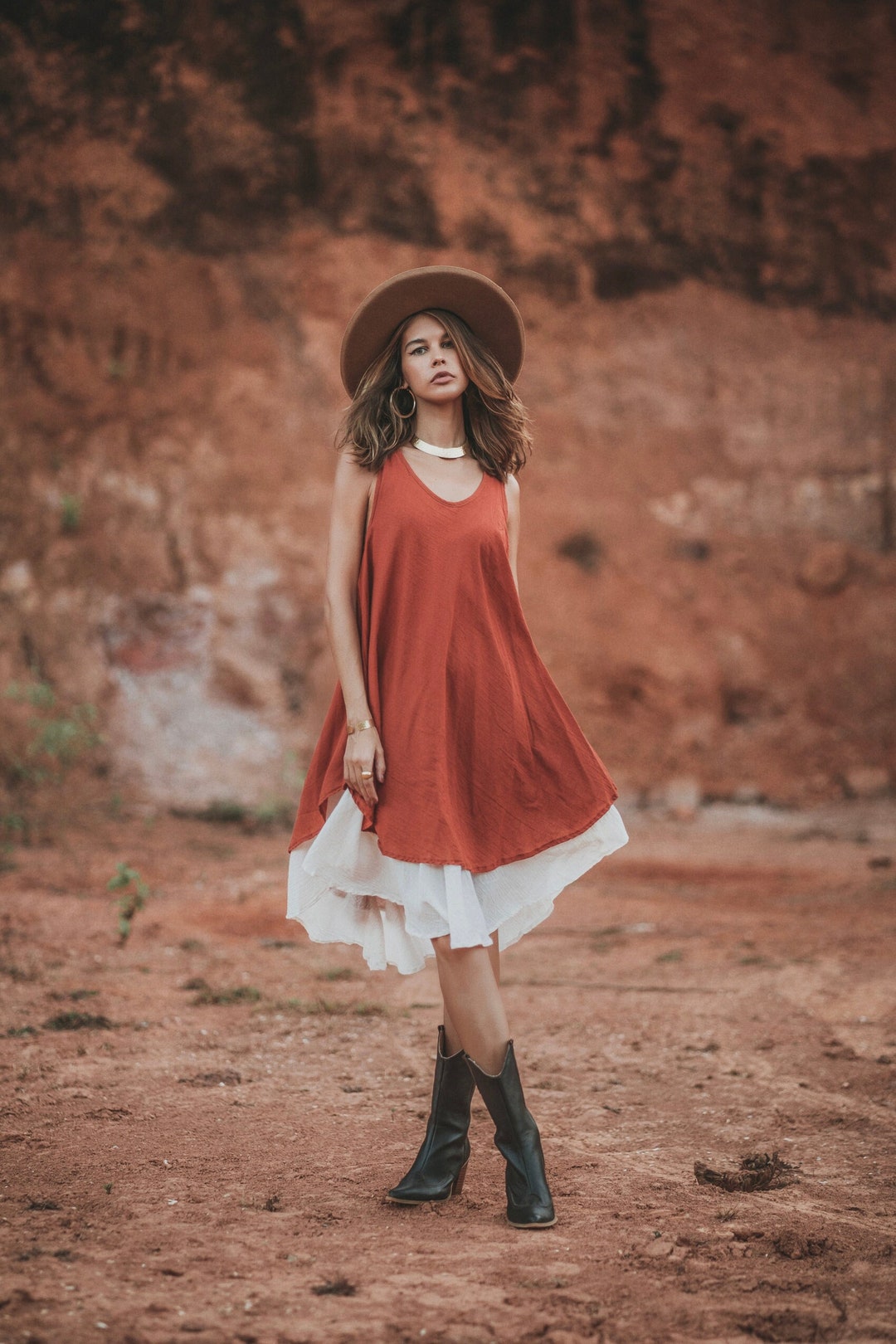 Boho Midi Dress Momoko Rust /cotton Gypsy Dress - Etsy