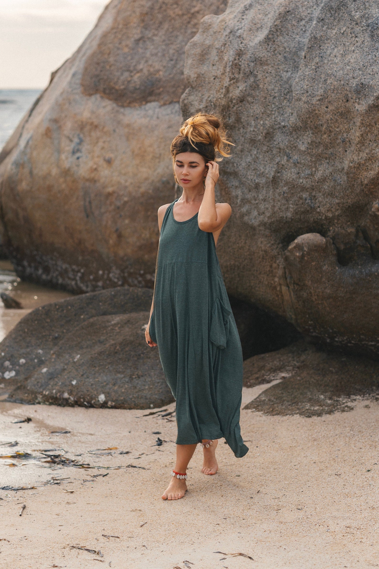 Sleeveless Pocket Dress Mahika Mythic Green / Bohemian Dress / 100% ...