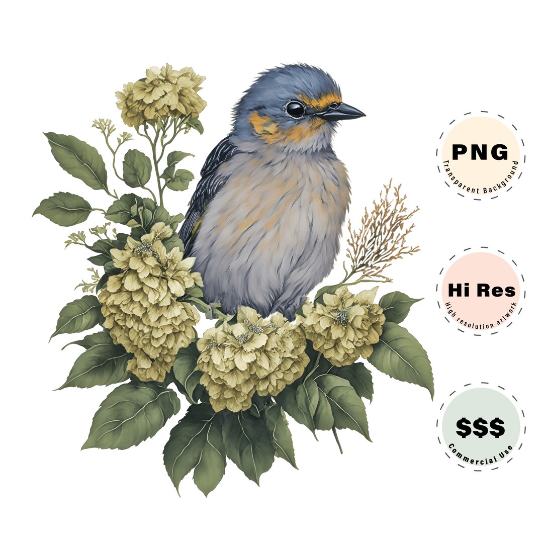Sparow on Flowers Watercolor Artwork 1, Sparow on Hydrangea Flowers ...