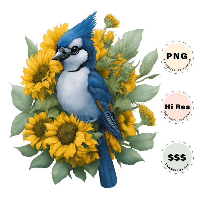Blue Jay on Flowers Watercolor Artwork 3, Commercial Use, Wall Art ...