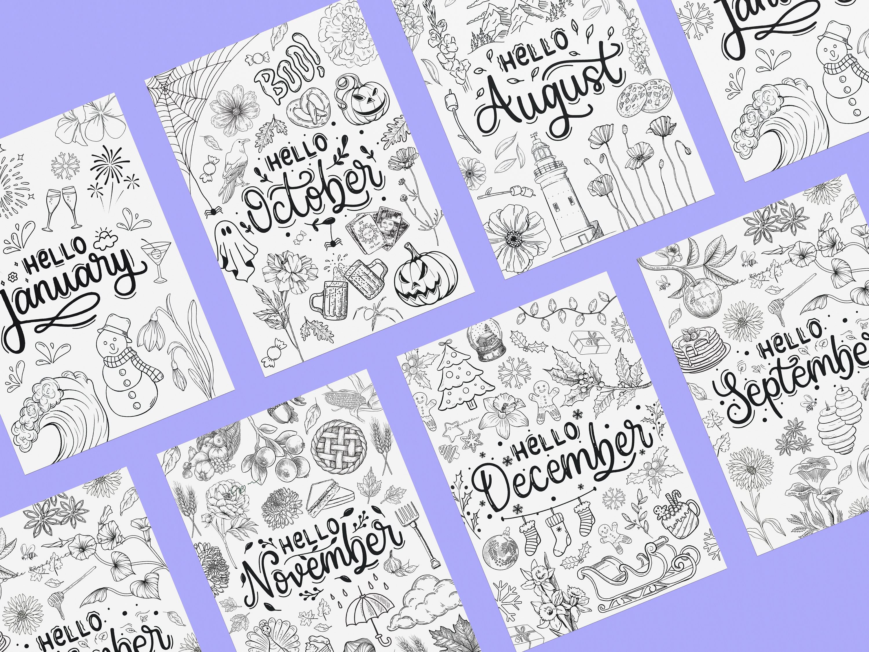 Seasonal Coloring Pages – 12 Month Doodle Themes (PDF & PNG) - Etsy