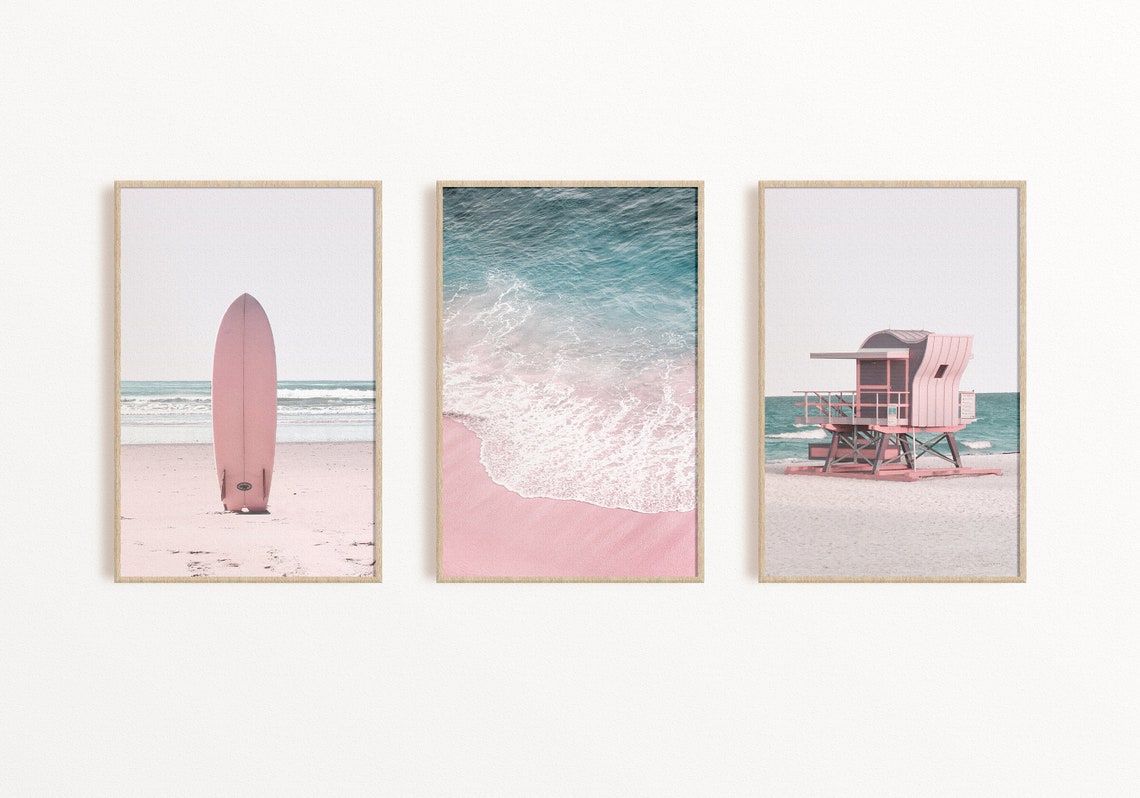Beach Print Set of 3 Blush Pink Surf & Ocean Digital Download - Etsy