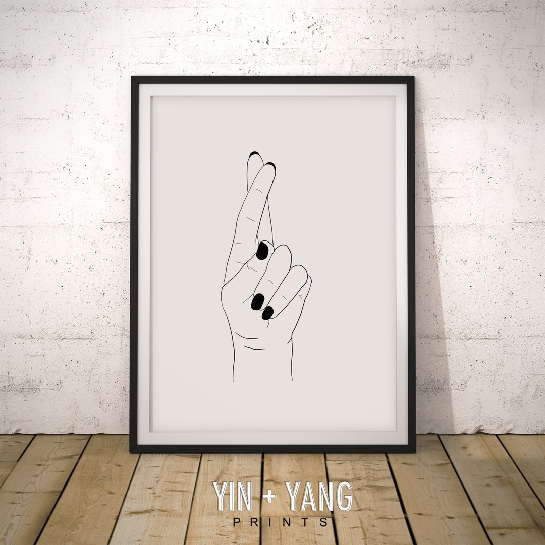Fingers Crossed Print, Hand Signal Print, Good Luck Print, Black and ...