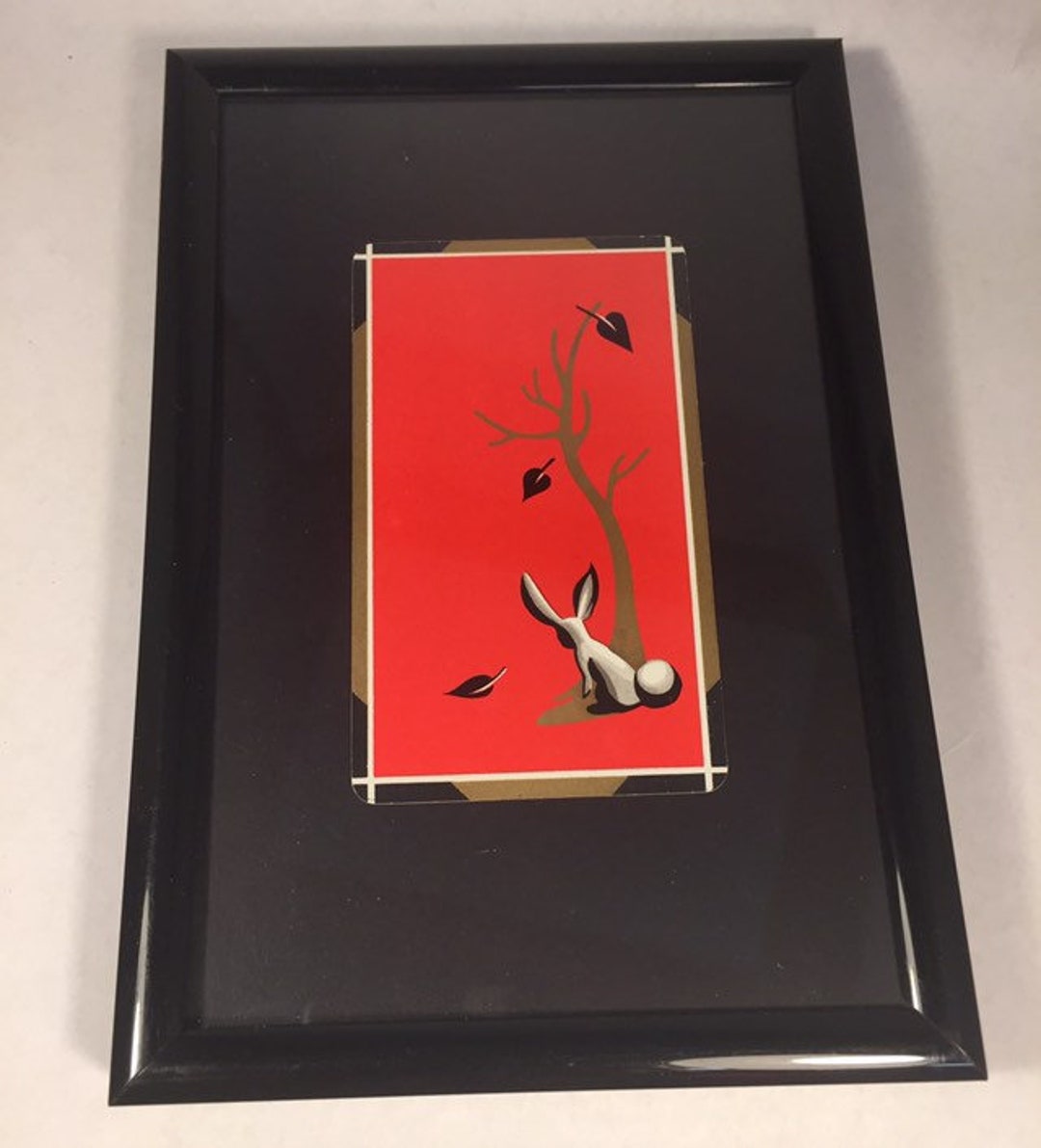 Framed Vintage Art Deco RABBIT and Tree Playing Card Red Background De ...