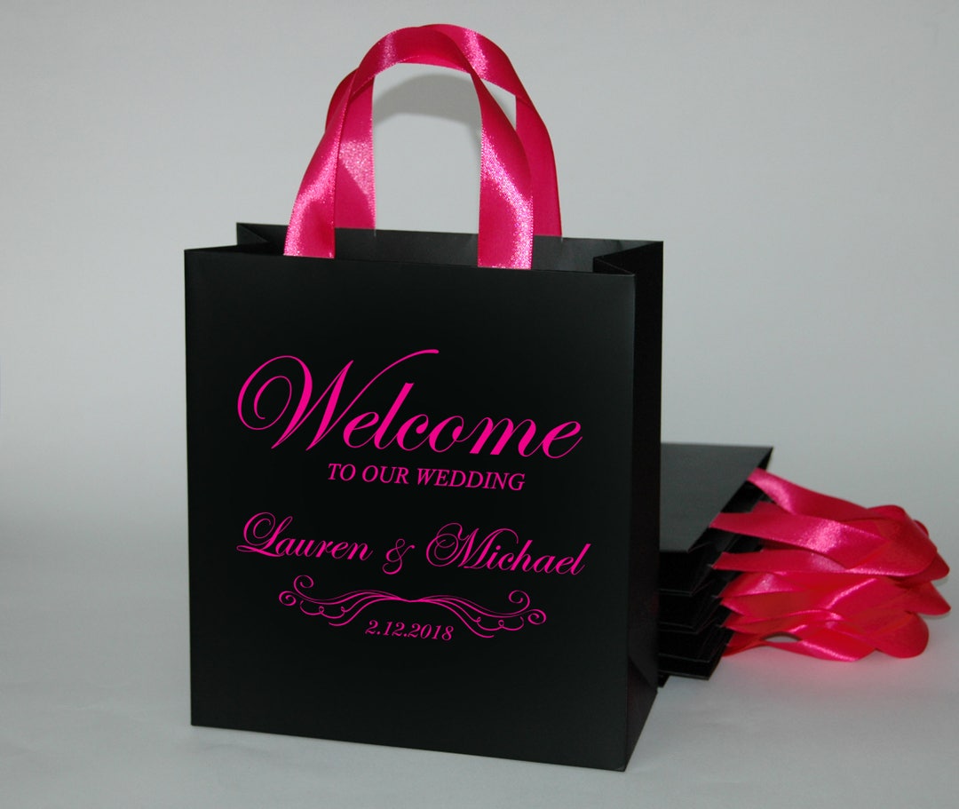 30 Wedding Welcome Bags With Satin Ribbon and Your Names Black and Pink ...