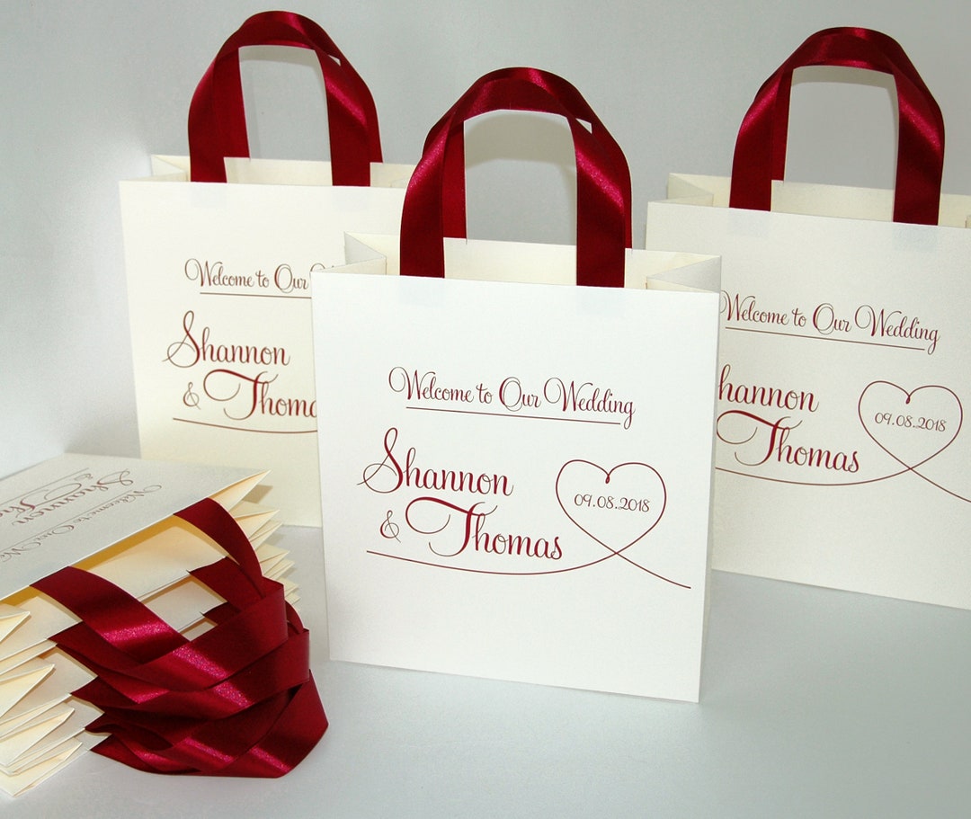 30 Ivory Wedding Welcome Bags With Burgundy Satin Ribbon Handles and ...