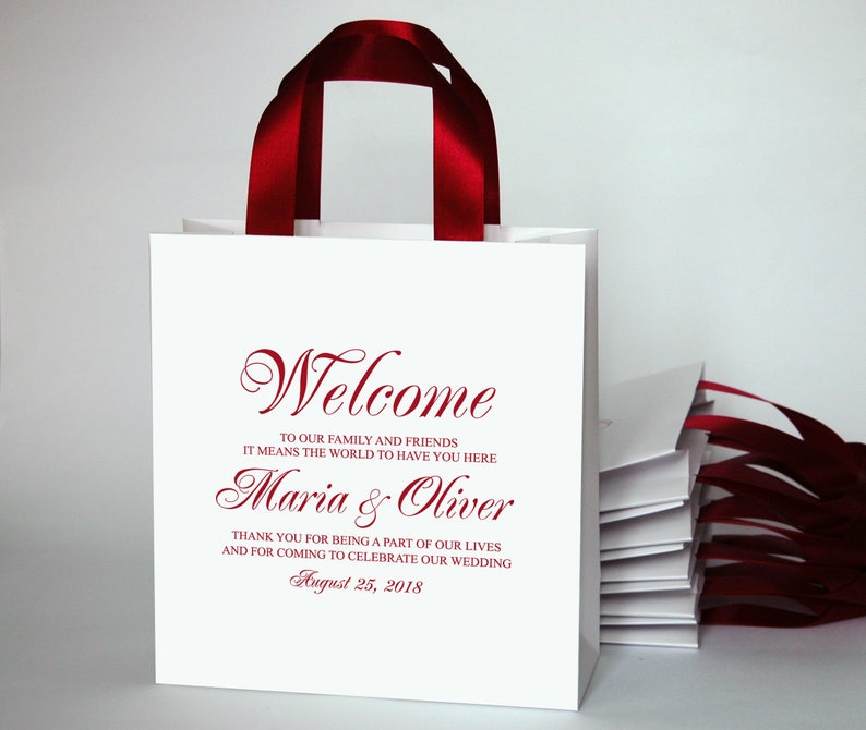 30 Wedding Welcome Bags with Burgundy satin ribbon handles and | Etsy