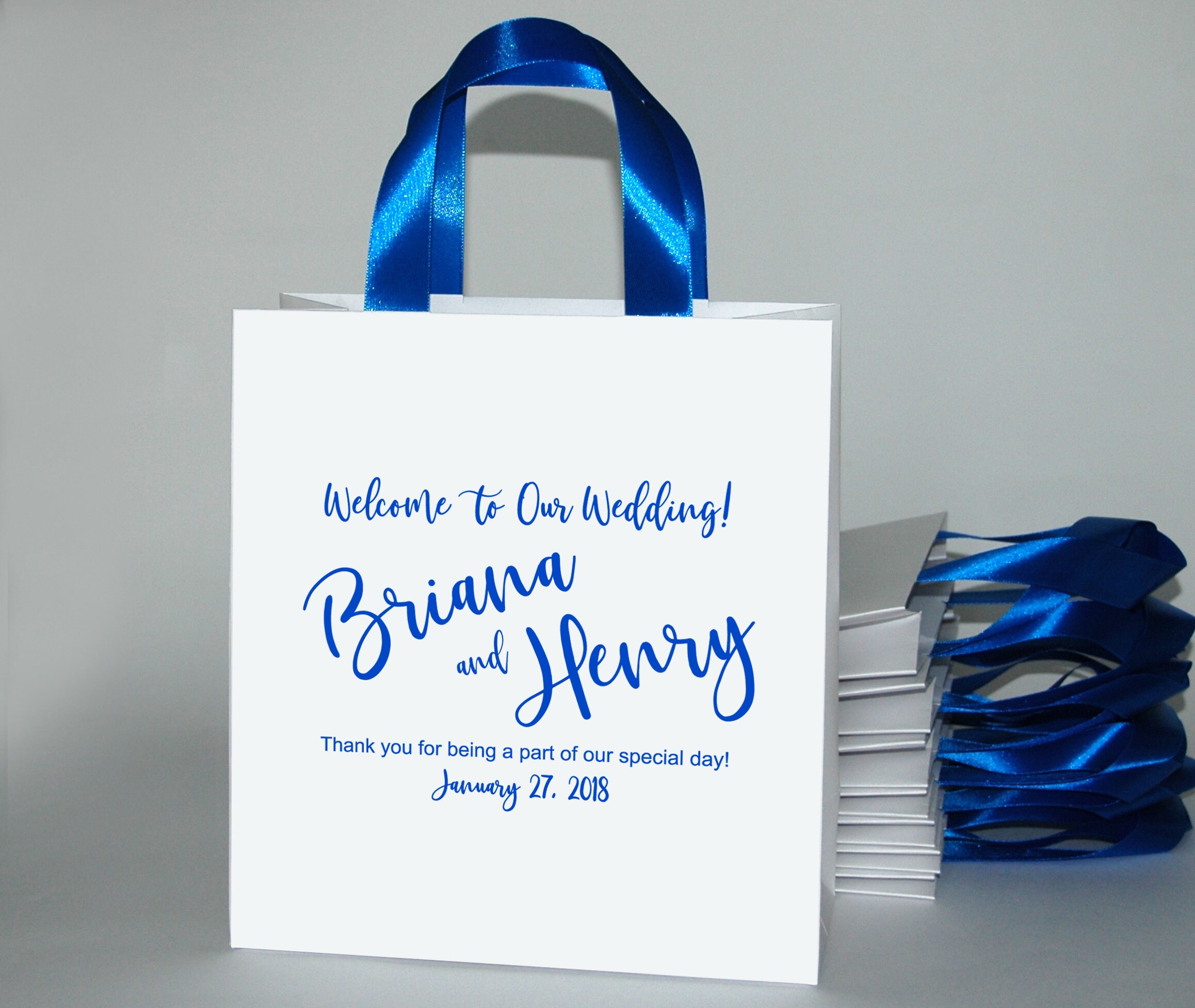 25 Wedding Welcome Bags with Royal Blue satin ribbon handles | Etsy