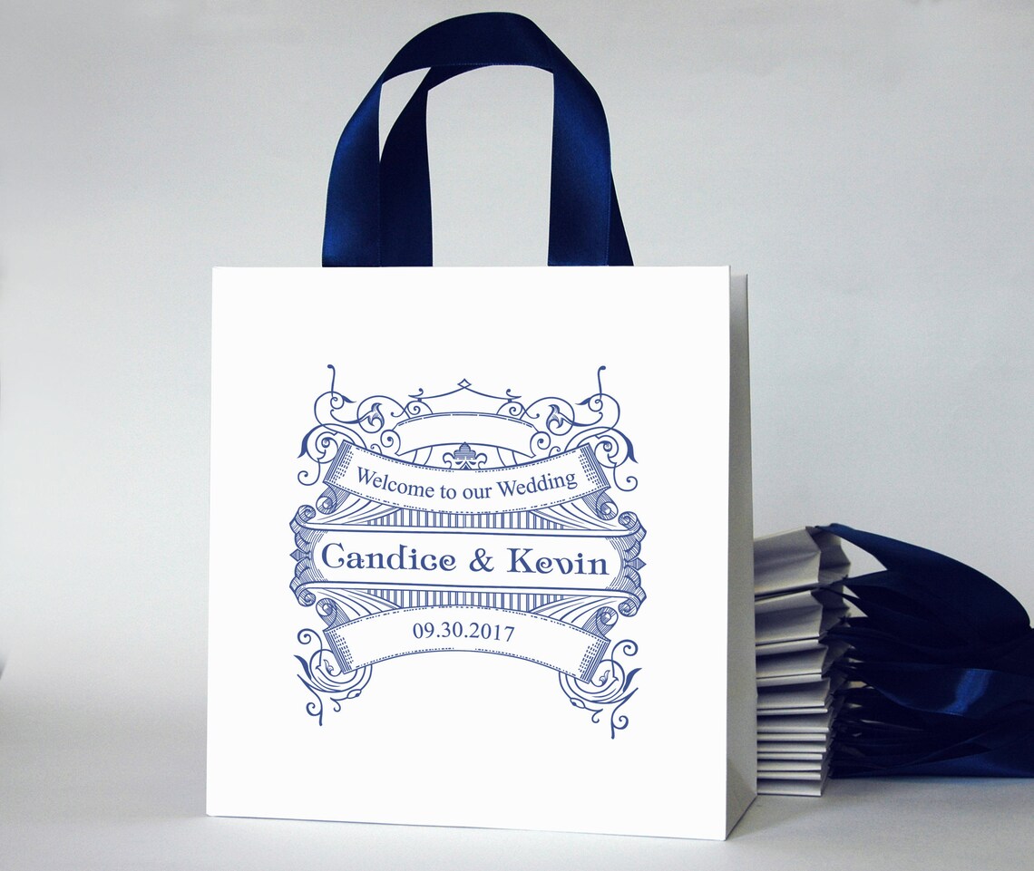 30 Navy Blue Wedding Welcome Bags With Satin Ribbon Handles and Names ...