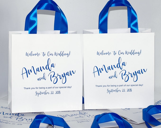 25 Wedding Welcome Bags With Royal Blue Satin Ribbon Handles and Your ...