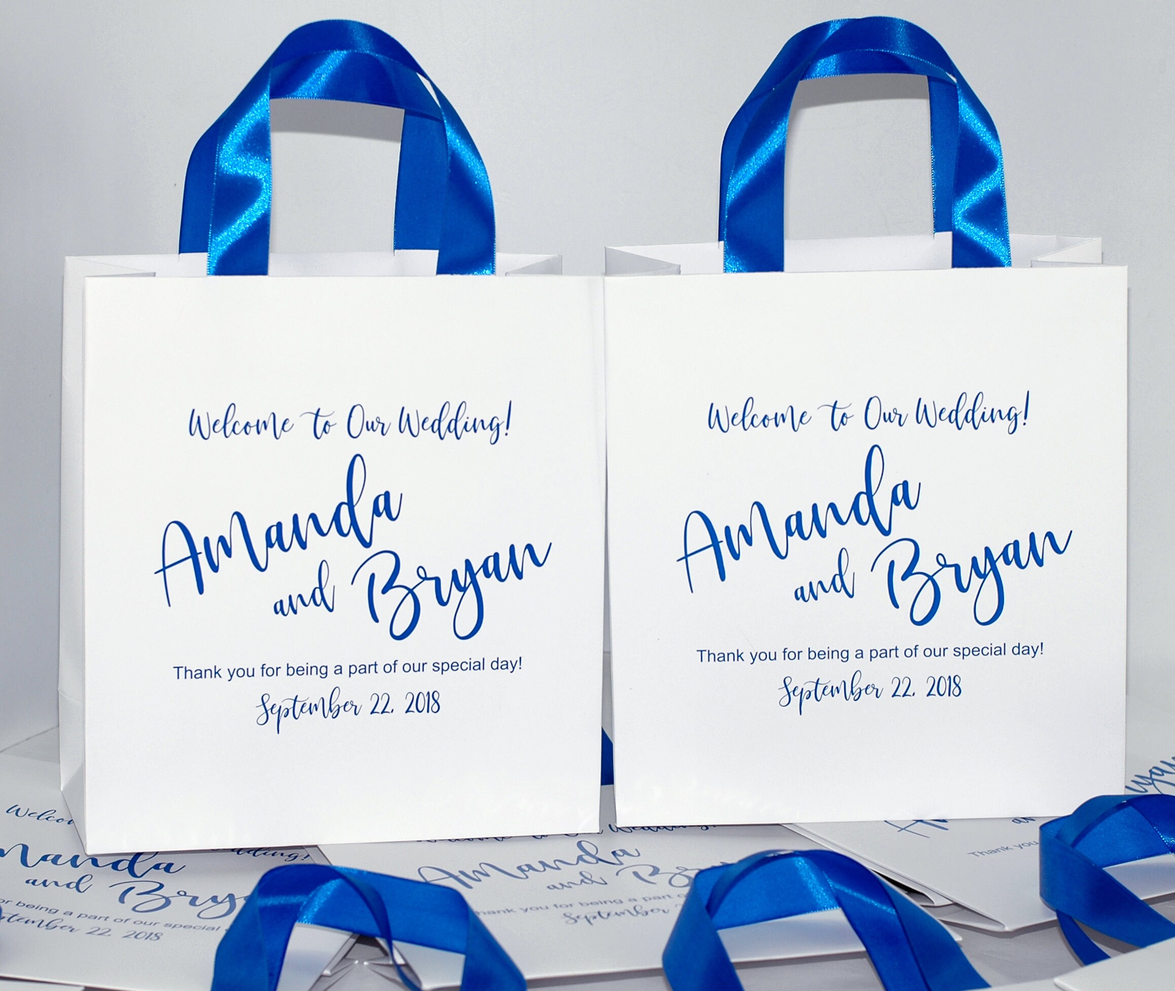 25 Wedding Welcome Bags with Royal Blue satin ribbon handles | Etsy