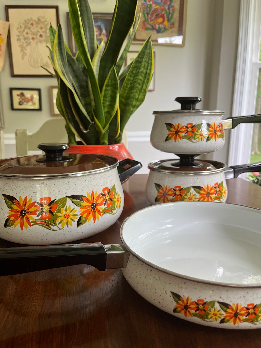 7 Piece Vintage Interpur Japan Cookware Set Gorgeous MCM Flowers Orange ...