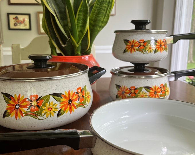 7 Piece Vintage Interpur Japan Cookware Set Gorgeous MCM Flowers Orange ...